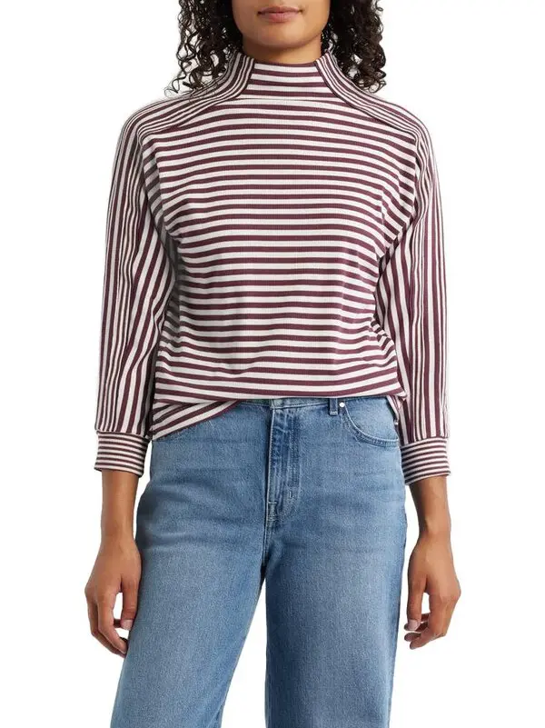 Wit & Wisdom Stripe Mock Neck Rib Top - Wild Plum/off White