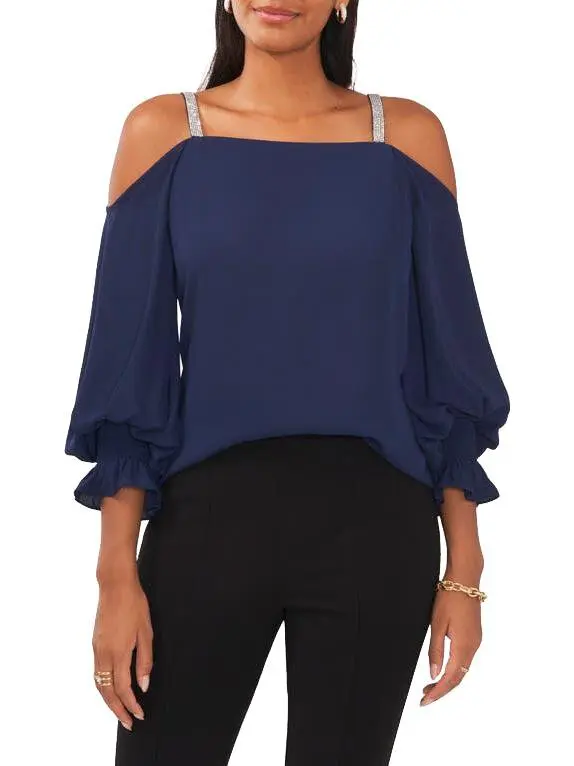 Chaus Rhinestone Trim Cold Shoulder Top - Jbs Navy