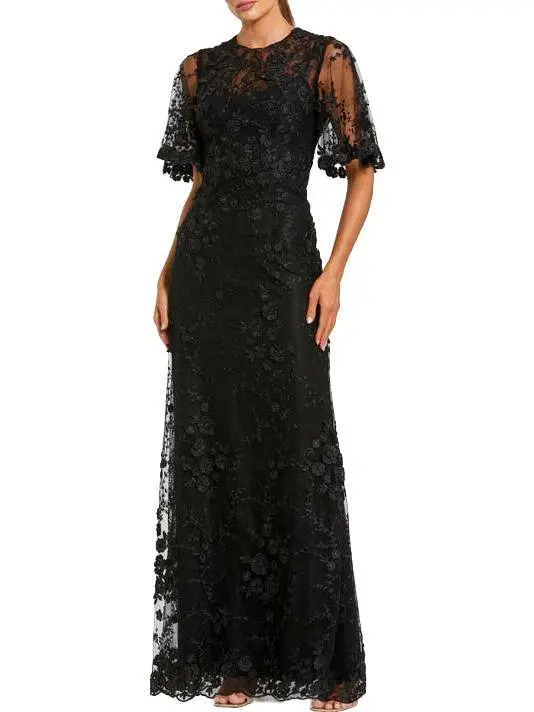 Mac Duggal Floral Embroidered Net Gown With Flutter Sleeves - Black