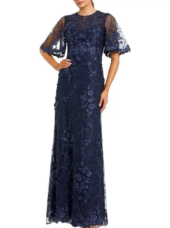 Mac Duggal Floral Embroidered Flutter Sleeve Net Gown - Midnight