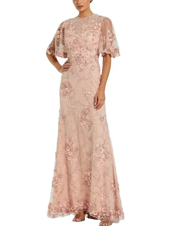 Mac Duggal Flutter Sleeve Embroidered Net Gown - Rose