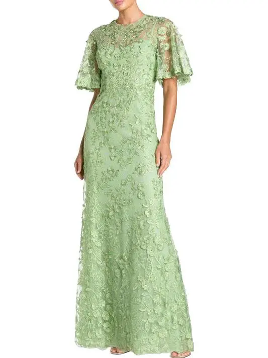 Mac Duggal Floral Embroidered Flutter Sleeve Net Gown - Sage