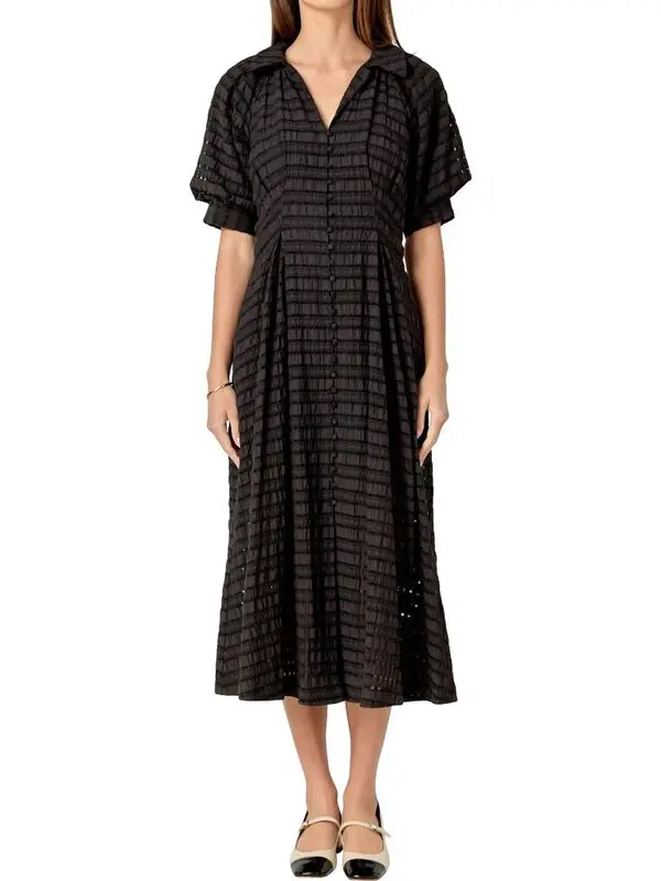 English Factory Seersucker Check Midi Dress - Black
