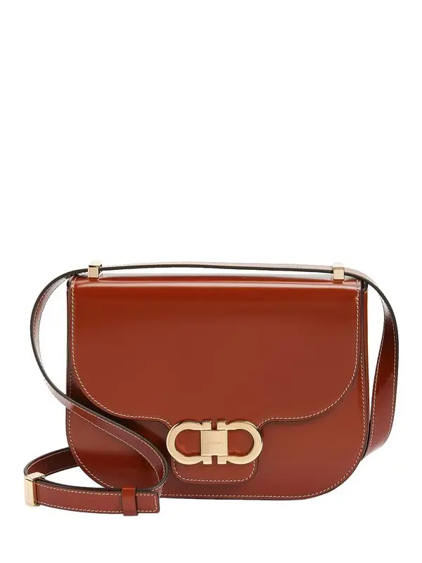 FERRAGAMO Double Gancio Leather Crossbody Bag - Dark Cognac/testa Di Moro