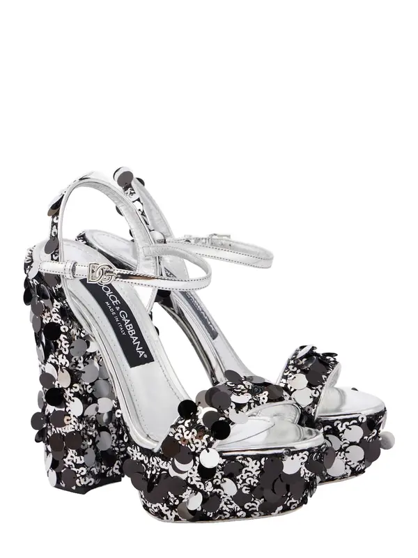 Dolce & Gabbana Sequined Faux Leather Platform Sandals - Silver