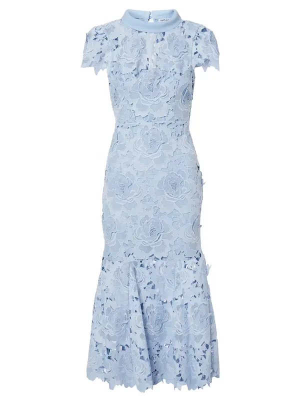 SELF-PORTRAIT Floral Lace Midi Dress - Blue