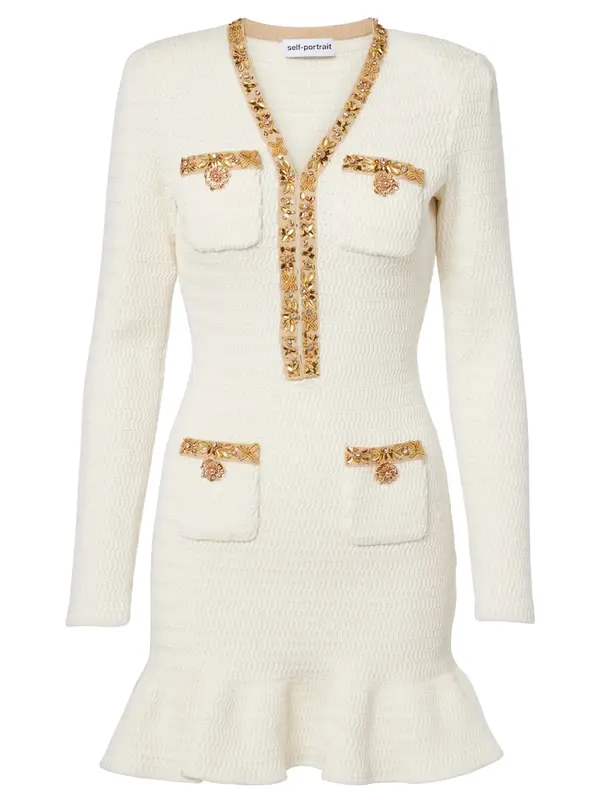 SELF-PORTRAIT Embellished Knitted Minidress - White
