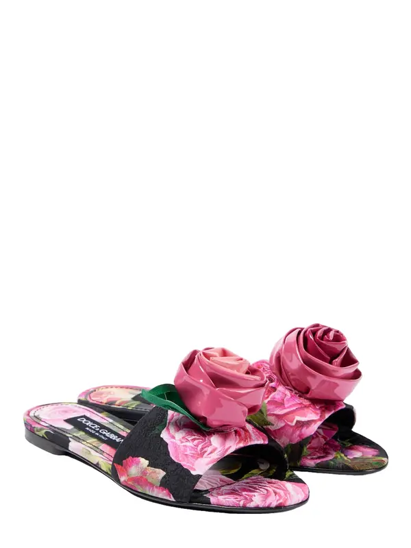 Dolce & Gabbana Floral-appliqué Brocade Slides - Black