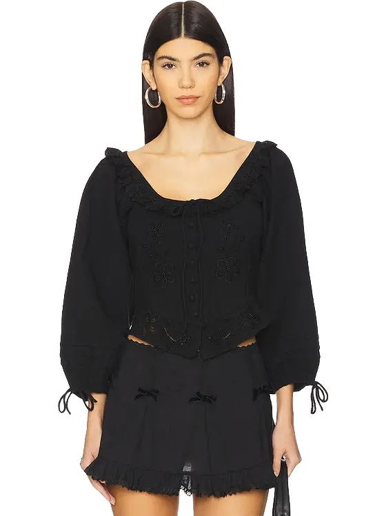 For Love & Lemons Harlow Beaded Poplin Top - Black