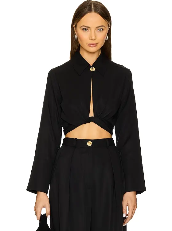 Matthew Bruch Collared Long Sleeve Wrap Top - Black Tencel