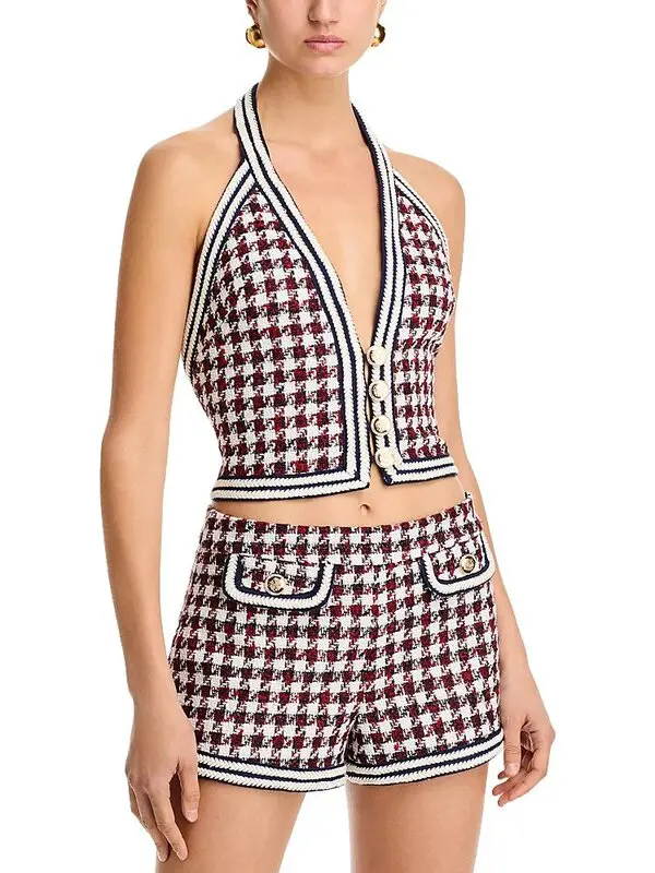 Ronny Kobo Augustina Tweed Halter Top - Ivory Navy