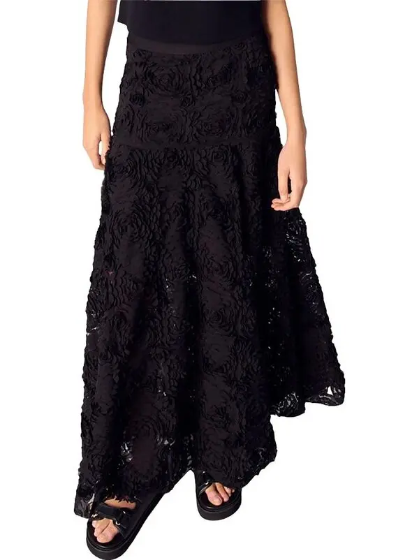 Maje Long Embroidered Skirt - Black