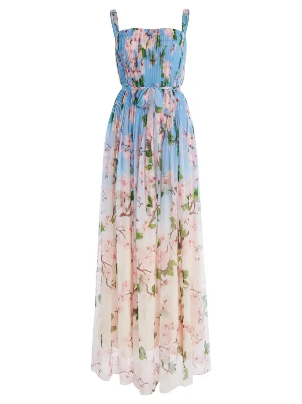 Oscar De La Renta Pleated Floral Silk Gown - Light Blue