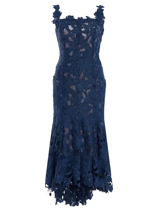 Oscar De La Renta Floral Guipure Midi Dress - Blue
