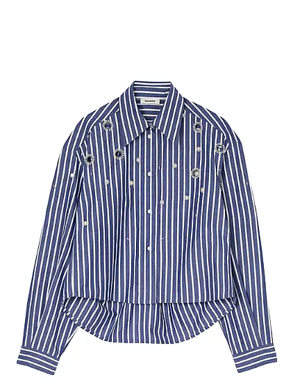 Sandro Striped Rhinestone-embellished Cotton Shirt - Bleus
