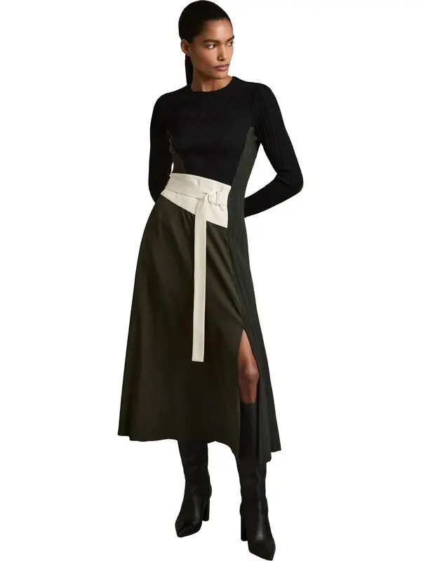 REISS Emelina Panelled Midi Dress With Belt - Khaki/black
