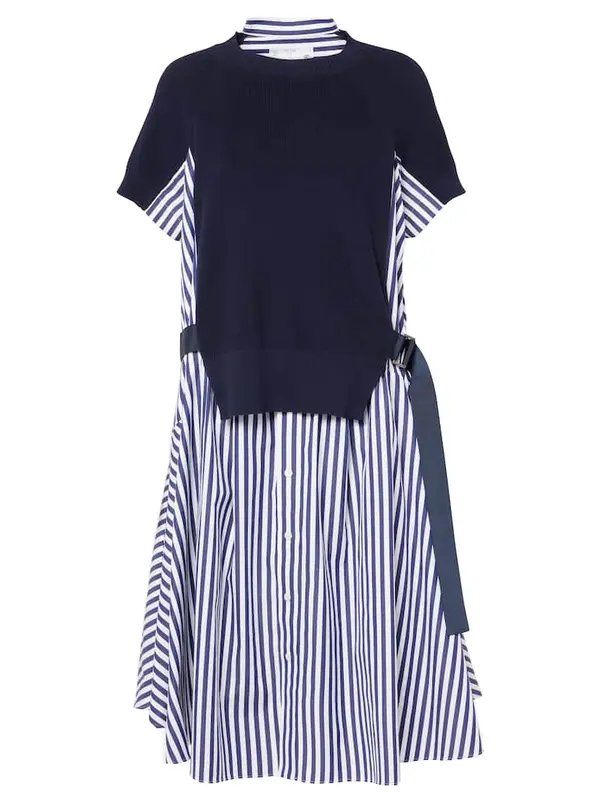 Sacai Striped Cotton Midi Dress - Blue