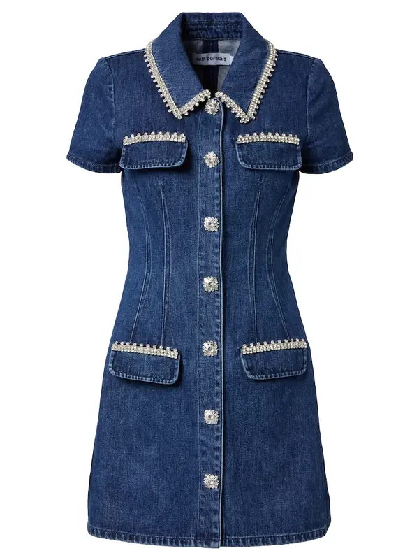 SELF-PORTRAIT Crystal-embellished Denim Minidress - Blue