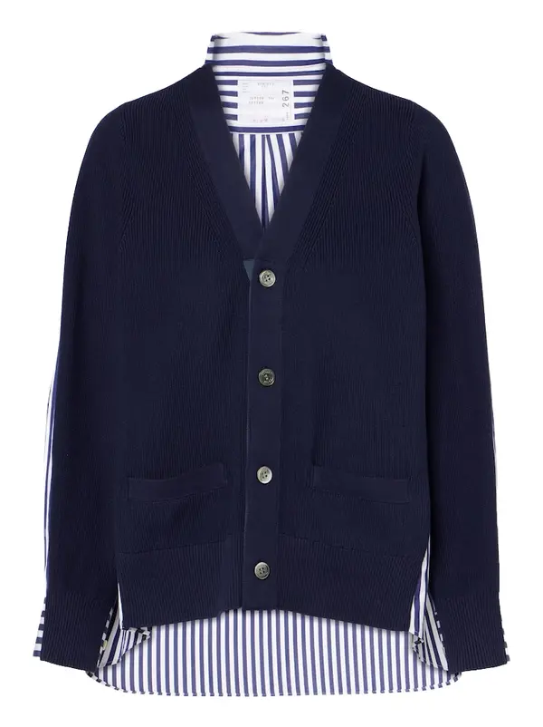 Sacai Striped Poplin-trimmed Cotton Cardigan - Multicoloured