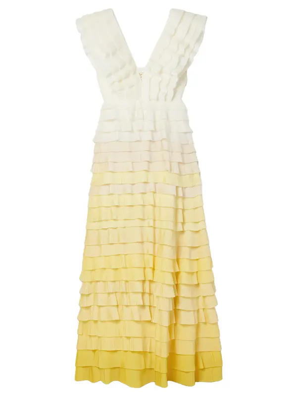 Aje Reflection Ruffled Ombré Plissé-organza Maxi Dress - Yellow