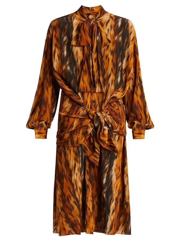 Balenciaga Fur Print Knotted Dress - Brown