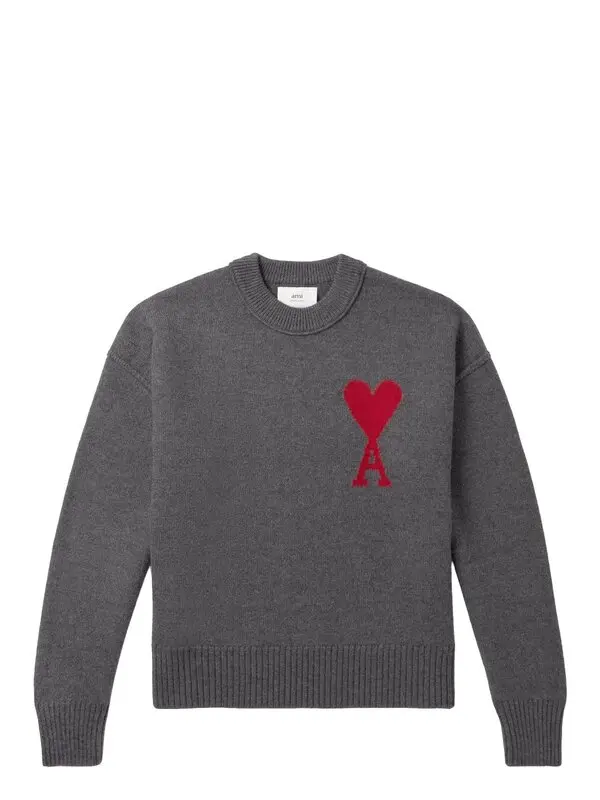 Ami Adc Logo-intarsia Virgin Wool Sweater - Gray