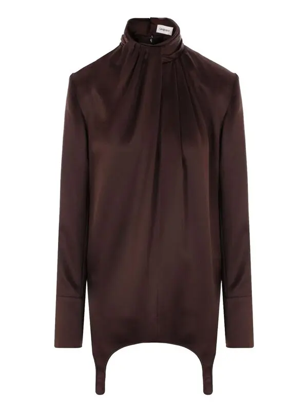 Saint Laurent Garter Detail Silk Blouse - Brown