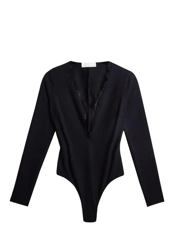 FLEUR DU MAL Margo Lace Long Sleeve Bodysuit - Black