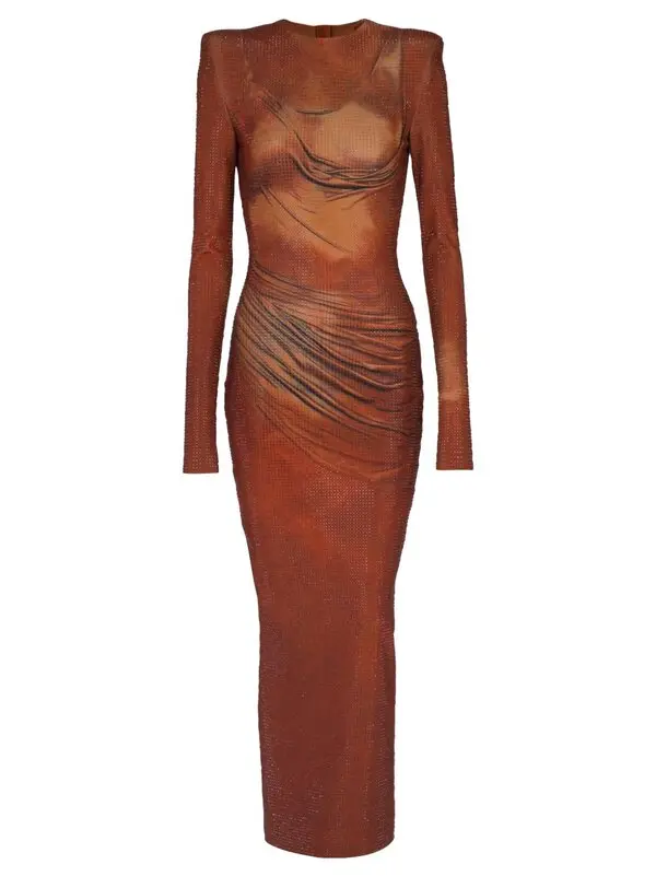 Balmain Rhinestone-embellished Printed Maxi Dress - Brown