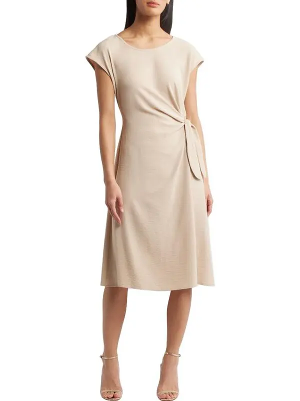 CONNECTED APPAREL Twist Wrap Waist Shift Dress - Sand