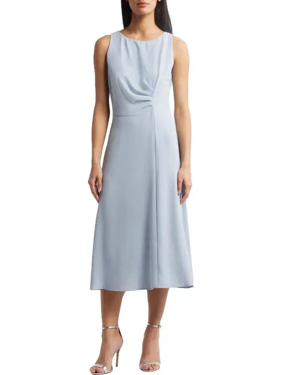 CONNECTED APPAREL Sleeveless Pleated Waist A-line Midi Dress - Powder Blue