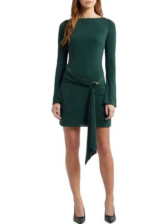 MISTRESS ROCKS Long Sleeve Draped Minidress - Evergreen