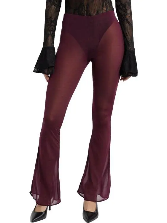 MISTRESS ROCKS Semisheer Flare Leg Pants - Dark Plum