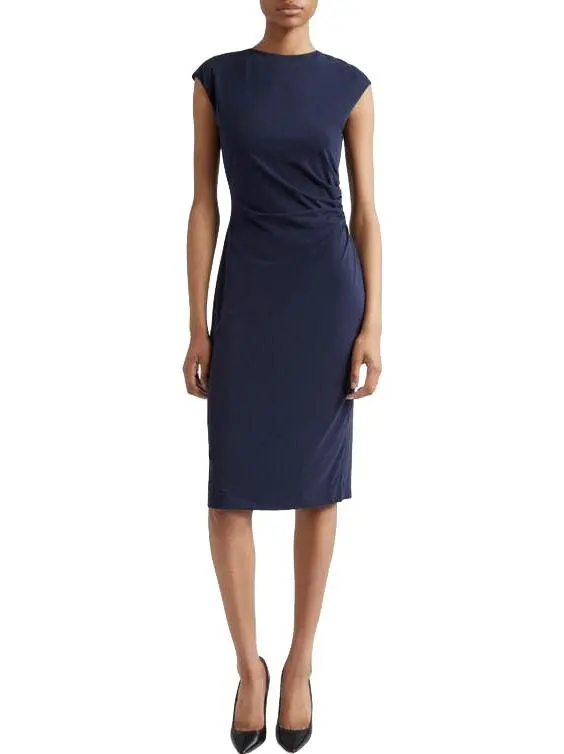 Emporio Armani Ruched Sheath Dress - Solid Blue Navy