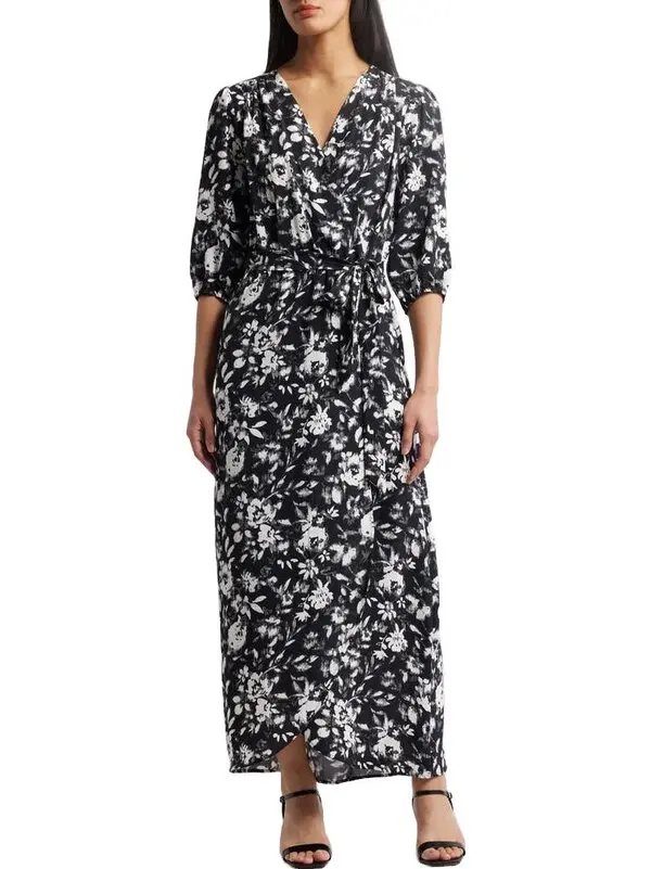CONNECTED APPAREL Puff Sleeve Faux Wrap Maxi Dress - Black