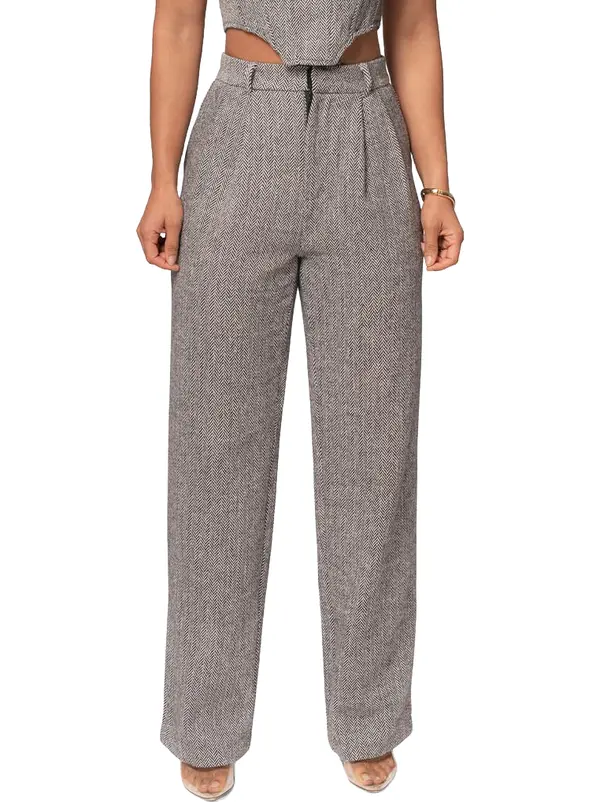 JLUXLABEL Herringbone Tweed Pleated Pants - Grey