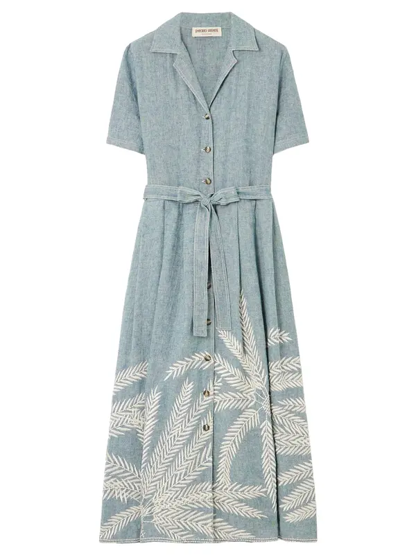 EMPORIO SIRENUSE Claudia Palm Belted Embroidered Ramie And Linen-blend Midi Dress - Blue