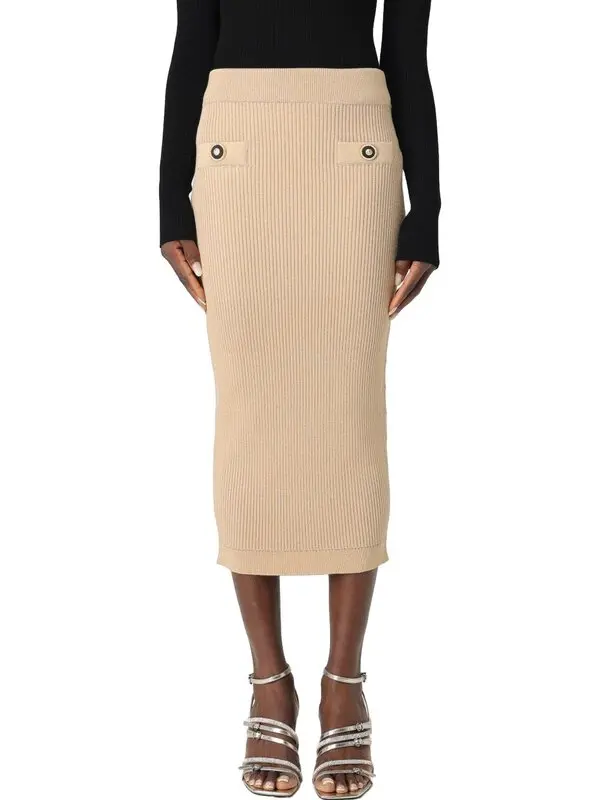 Balmain Ribbed Knit Midi Skirt With Button Details - Nude