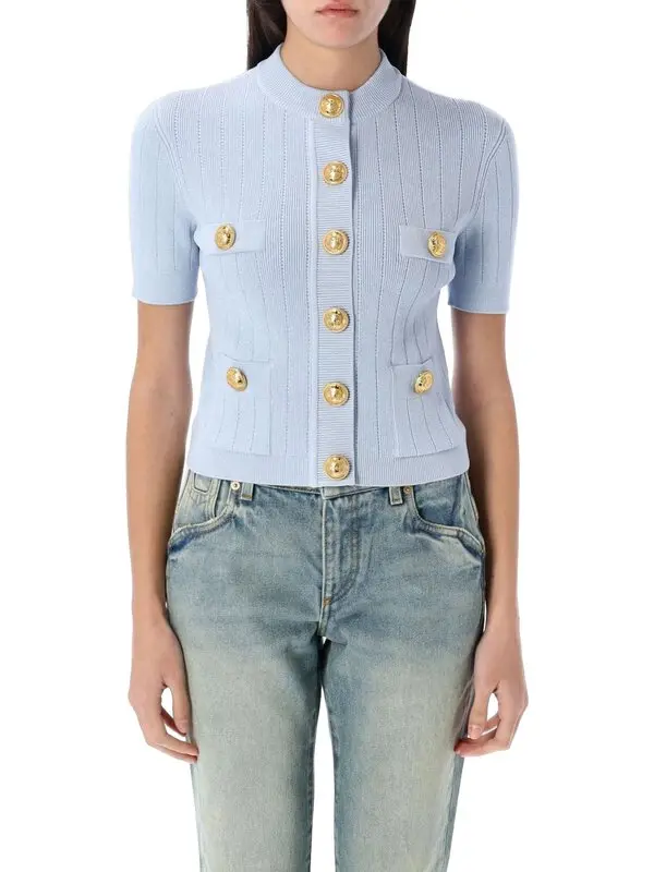 Balmain Ribbed Knit Short Sleeve Top - Sky