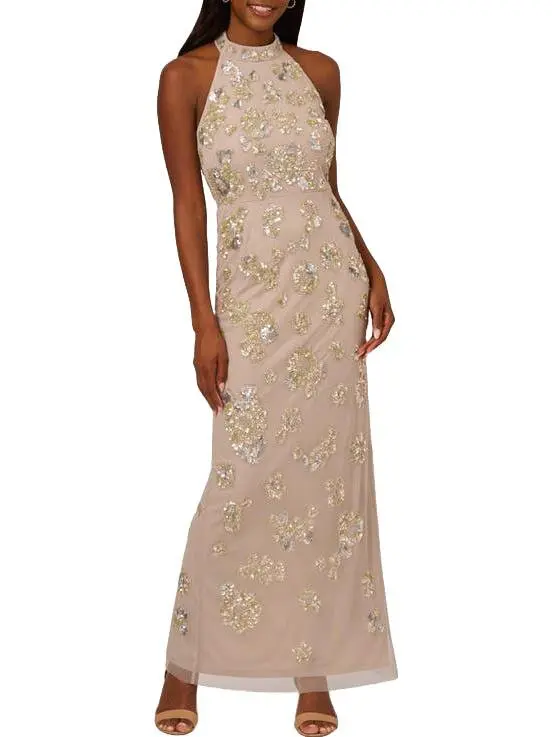 Adrianna Papell Sequin Floral High Neck Gown - Marble