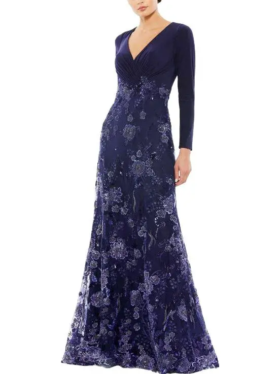 Mac Duggal Embellished Long Sleeve Wrap Trumpet Gown - Midnight