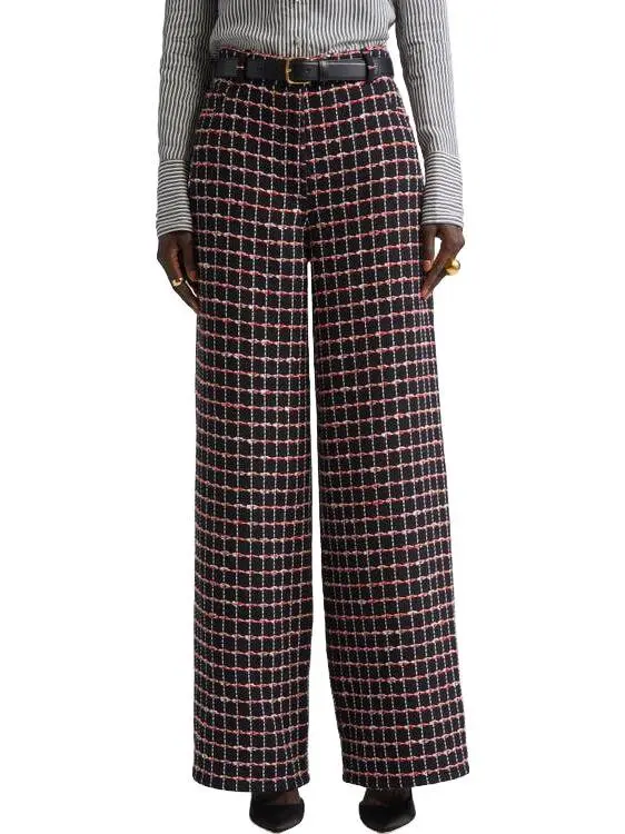 St. John Windowpane Check Tweed Wide Leg Pants - Black/ Haute Red/ Pearl Multi