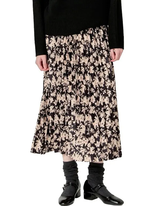 English Factory Floral Print Pleated Midi Skirt - Black Multi