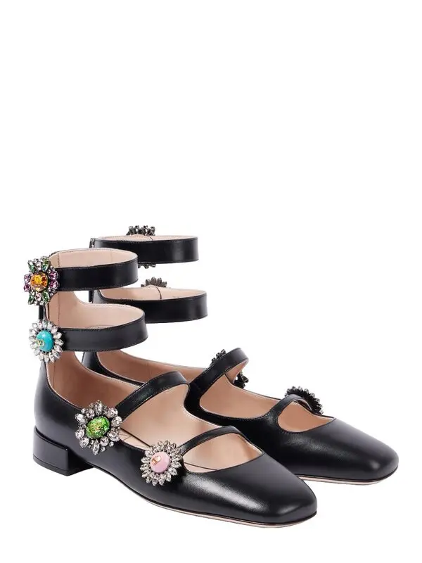 Valentino Garavani Embellished Leather Square Toe Flats - Black
