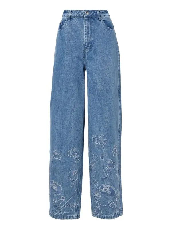 ROTATE BY BIRGER CHRISTENSEN Floral Embellished Wide-leg Jeans - Blue
