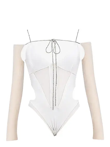MISTRESS ROCKS Crystallised Panelled Bodysuit - Ivory