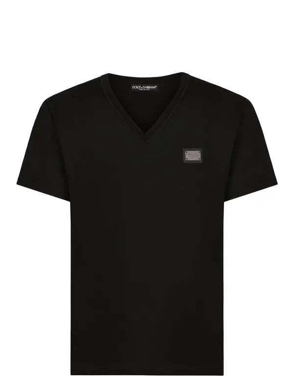 Dolce & Gabbana Cotton V-neck T-shirt With Branded Tag - Black