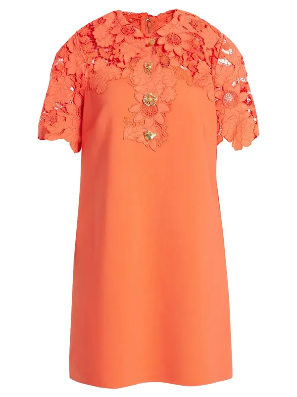 Oscar De La Renta Embellished Guipure Lace-paneled Wool-blend Mini Dress - Bright Orange