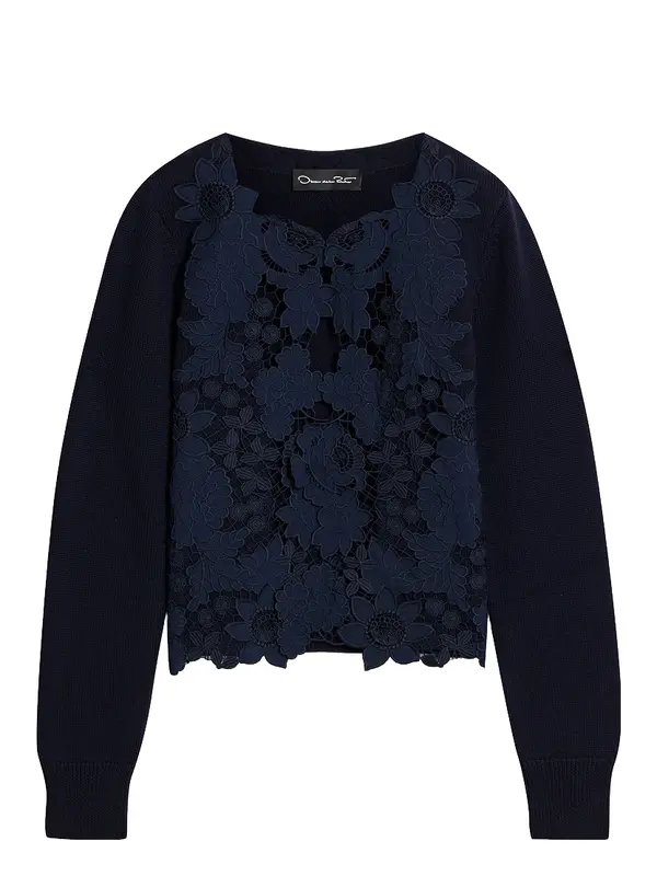 Oscar De La Renta Guipure Lace-paneled Wool Cardigan - Navy