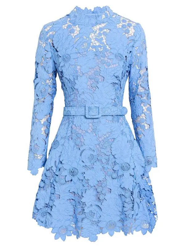 Oscar De La Renta Belted Cutout Guipure Lace Mini Dress - Azure